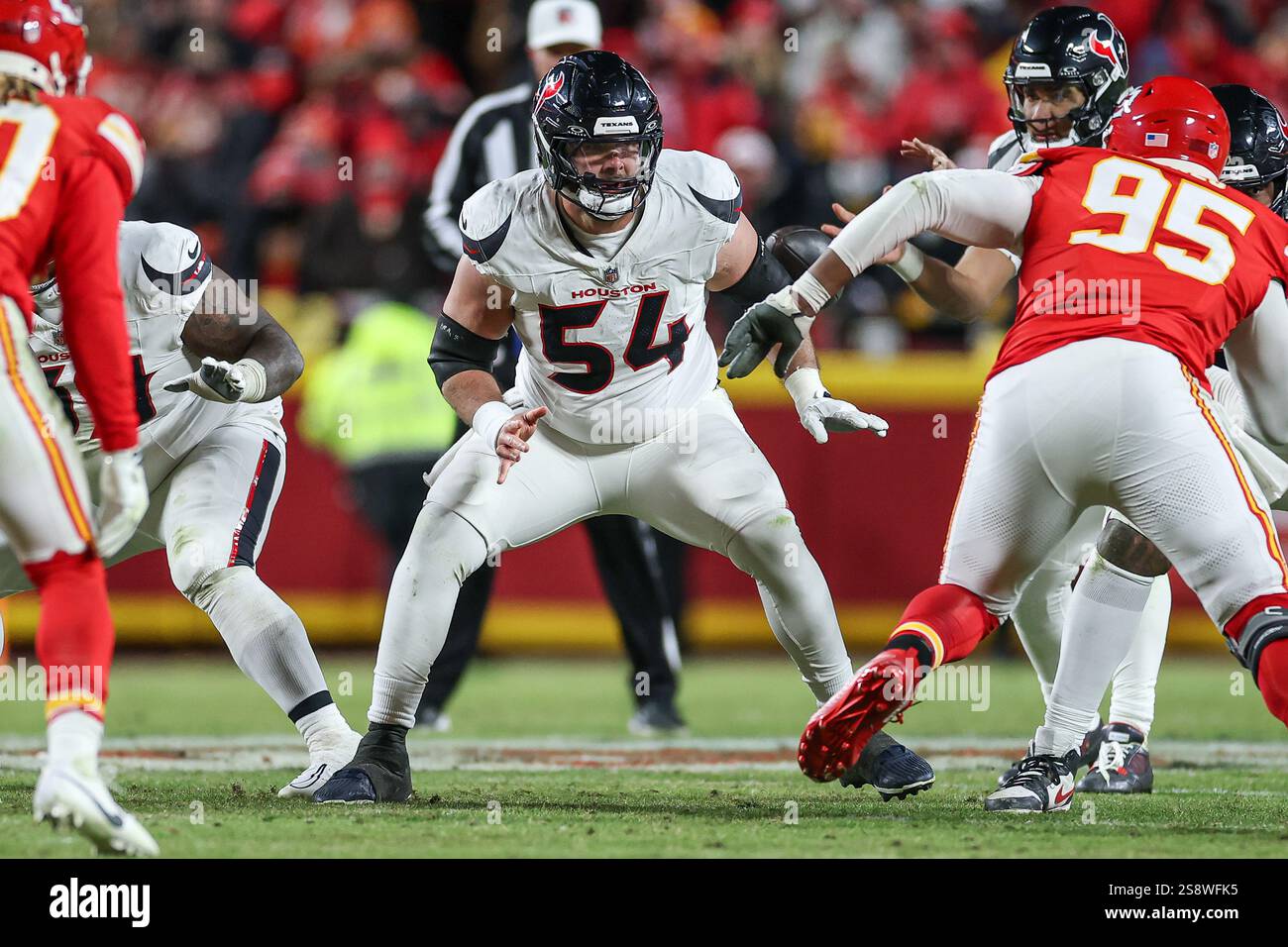 January 18, 2025: Houston Texans center Jarrett Patterson (54) looks to ...