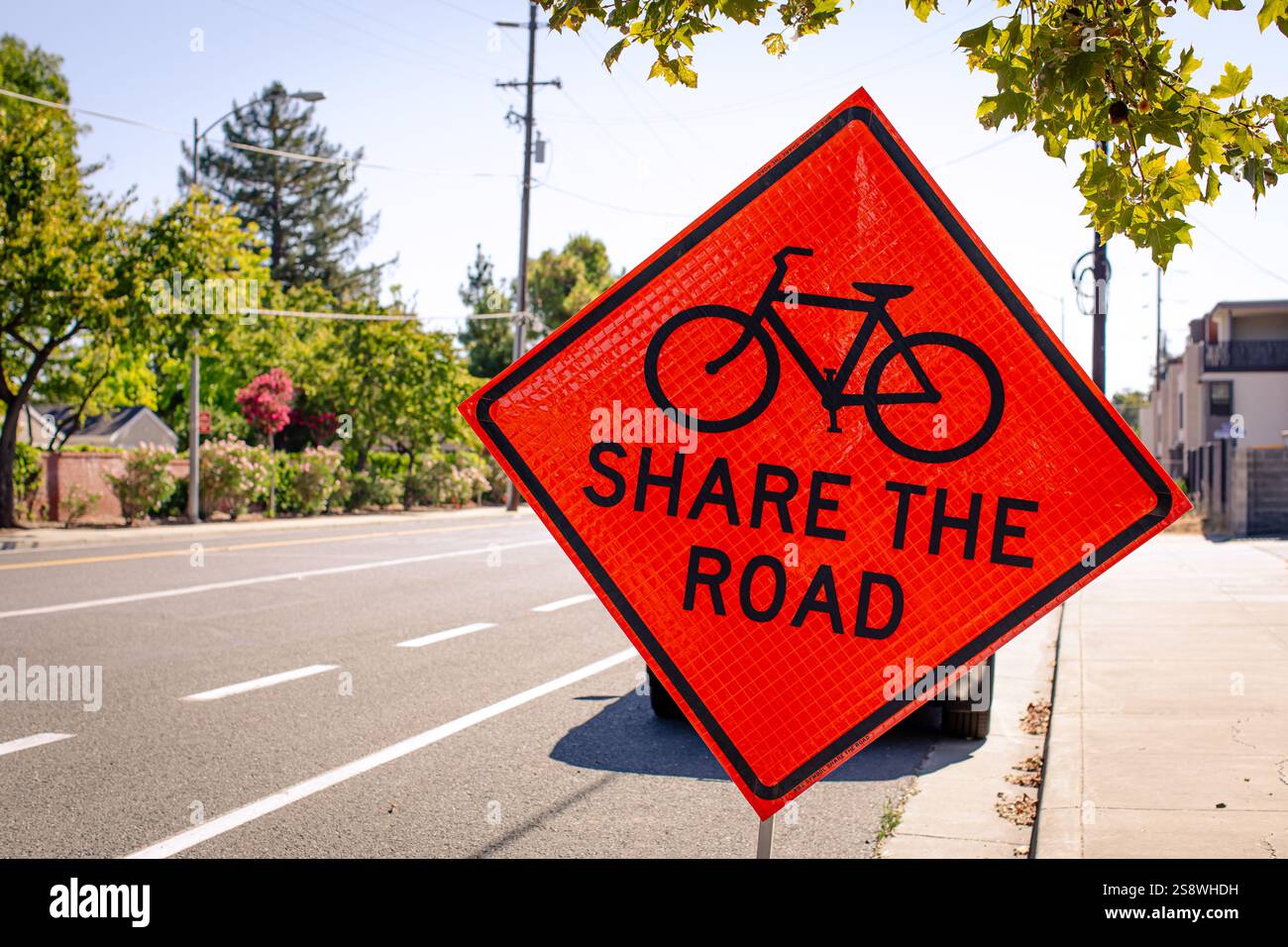 Share The Road orange sign on the side of an empty street asking to ...
