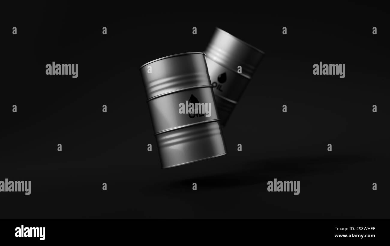 Two floating silver metal oil barrels on black background. Front view ...