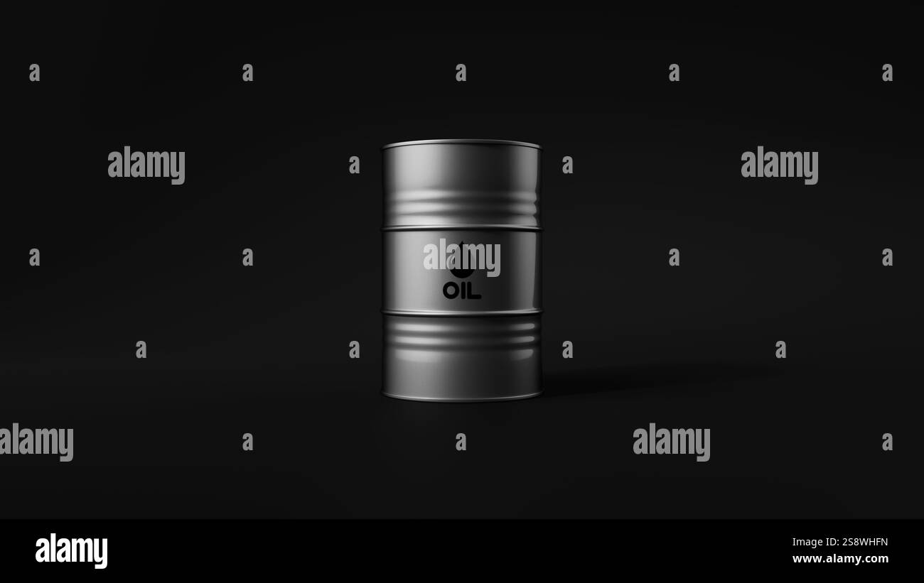 Single silver metal oil barrel on black background. Front view. Oil ...