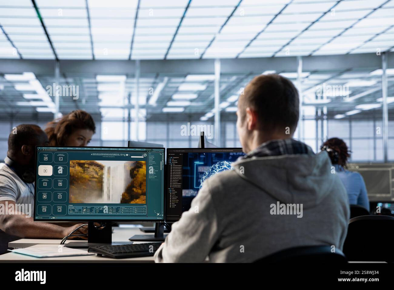 Engineer in server hub workspace making AI software turning text prompt ...