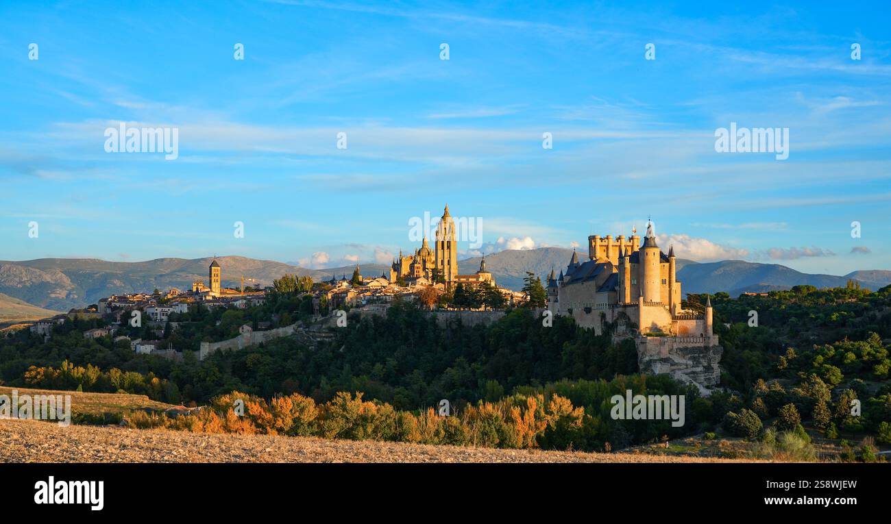 Panoramic view of the skyline of Segovia, a medieval walled city built ...