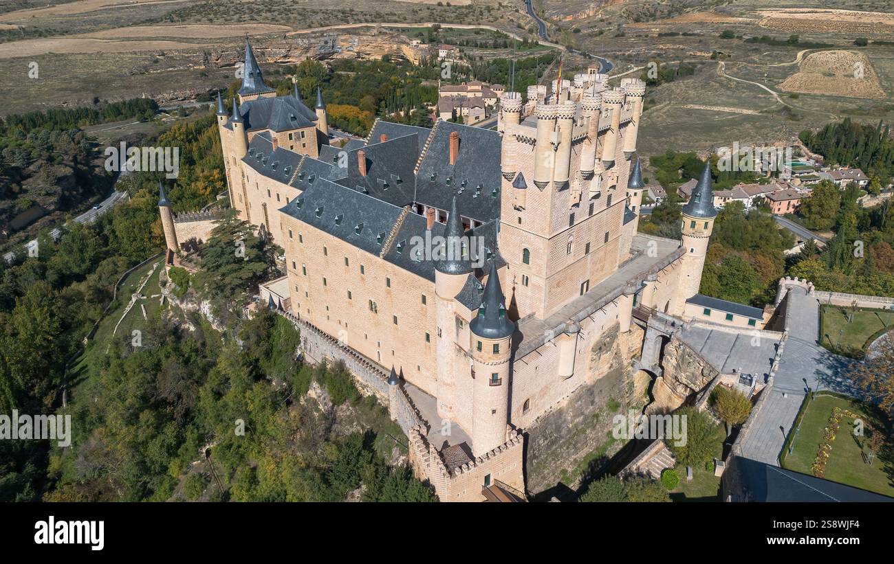Aerial view of the Alcázar of Segovia, a medieval castle built on a ...