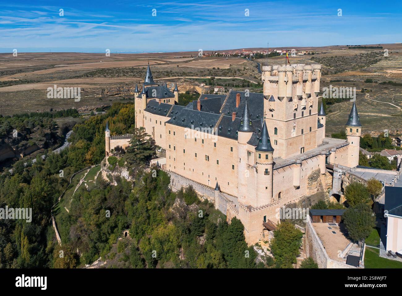 Aerial view of the Alcázar of Segovia, a medieval castle built on a ...
