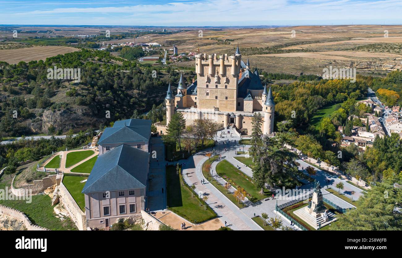 Aerial view of the Alcázar of Segovia, a medieval castle built on a ...