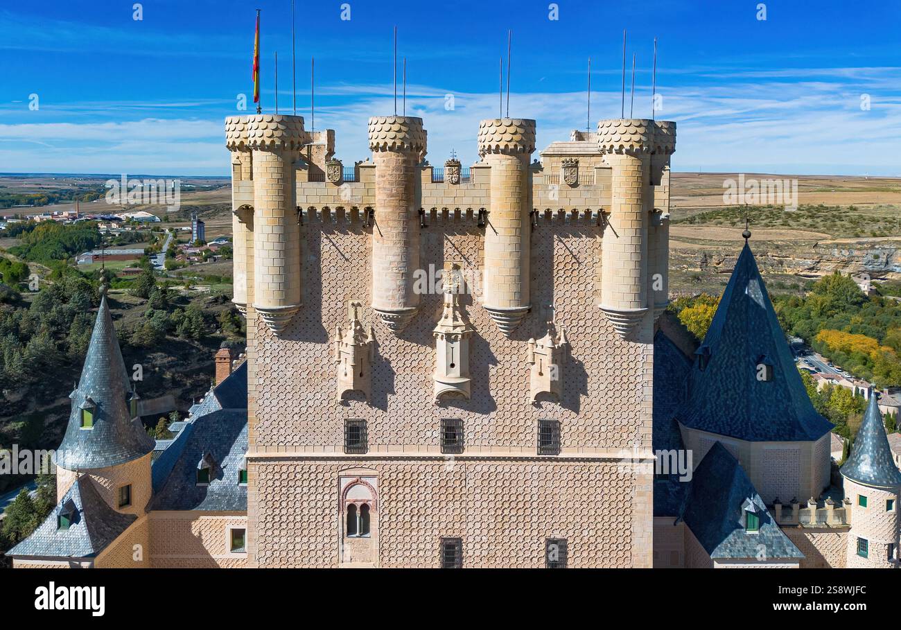 Aerial view of the Alcázar of Segovia, a medieval castle built on a ...