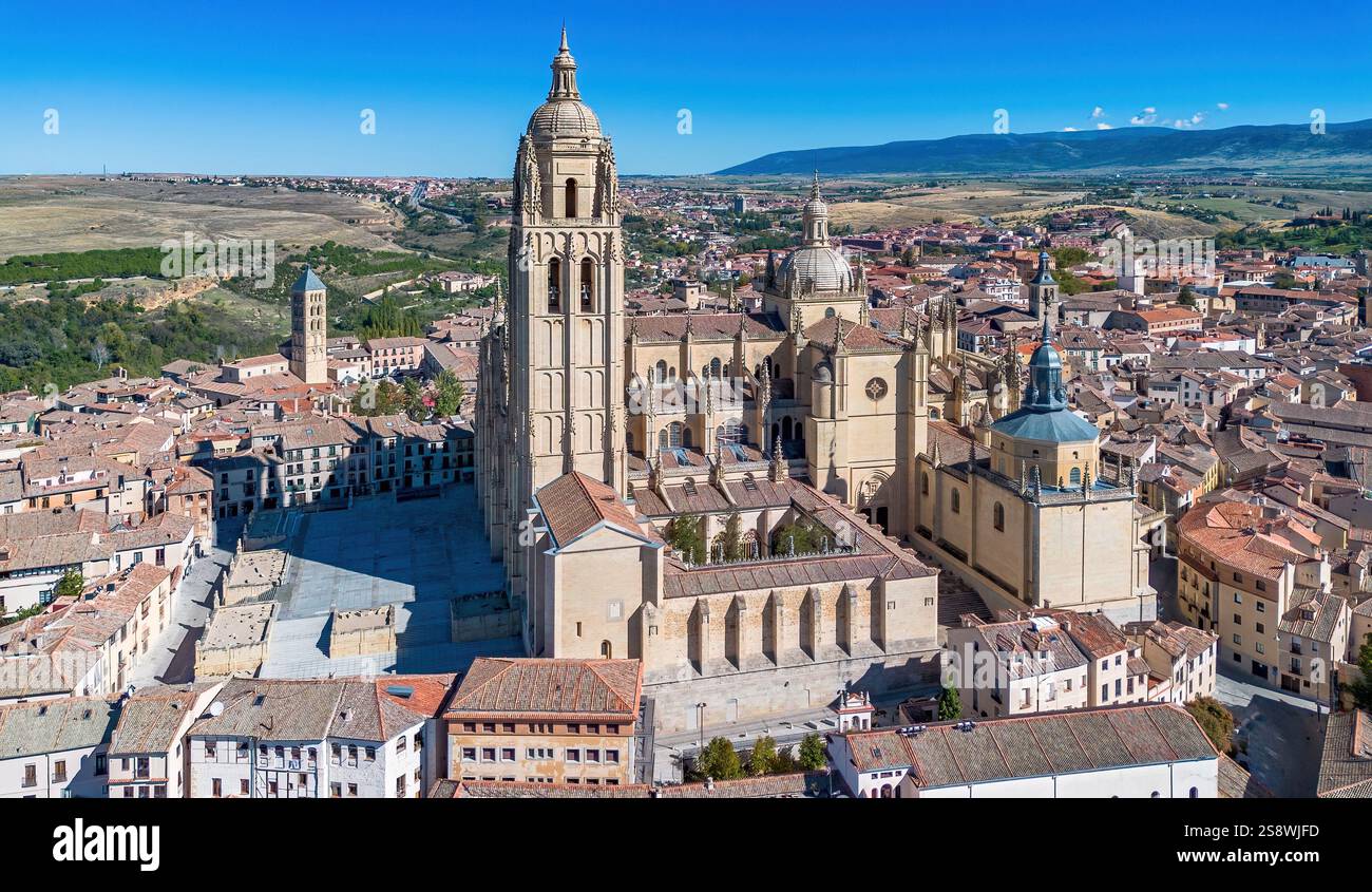 Aerial view of the Cathedral of Segovia dedicated to the Assumption of the Virgin Mary and to ...