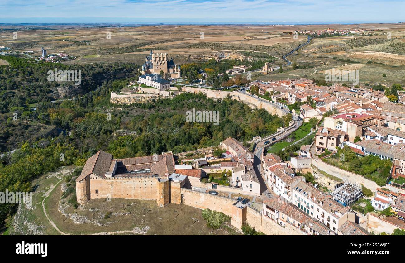 Aerial view of the Alcázar of Segovia, a medieval castle built on a ...