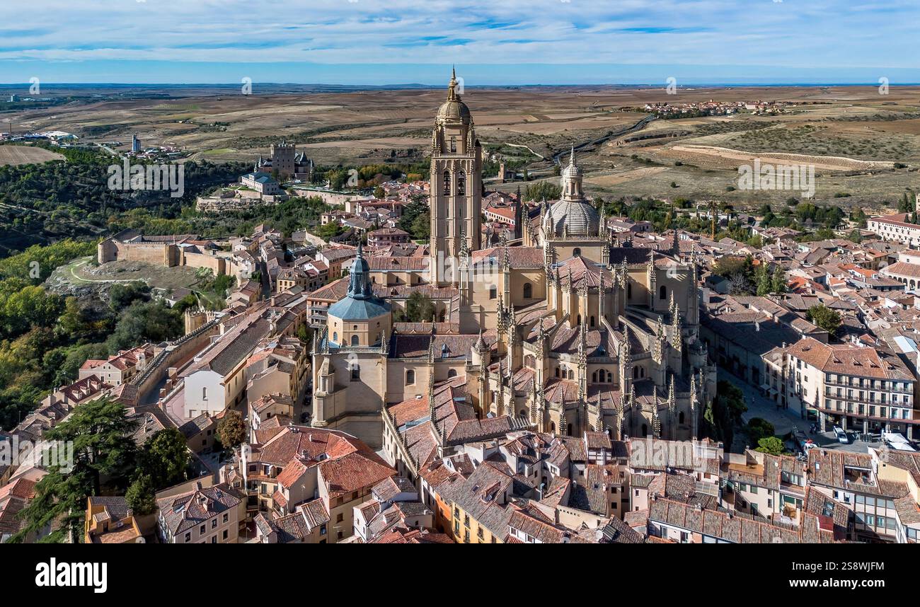 Aerial view of the Cathedral of Segovia dedicated to the Assumption of the Virgin Mary and to ...