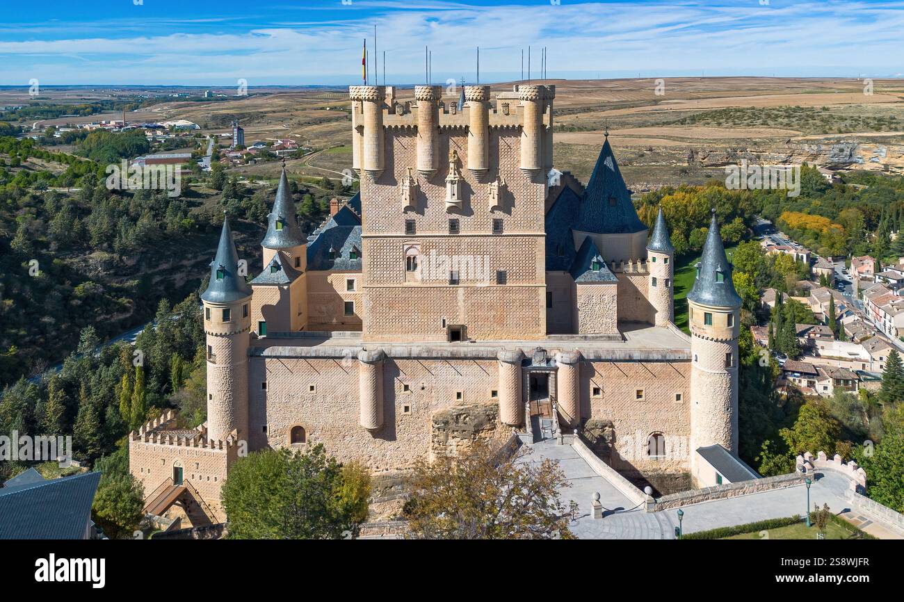 Aerial view of the Alcázar of Segovia, a medieval castle built on a ...