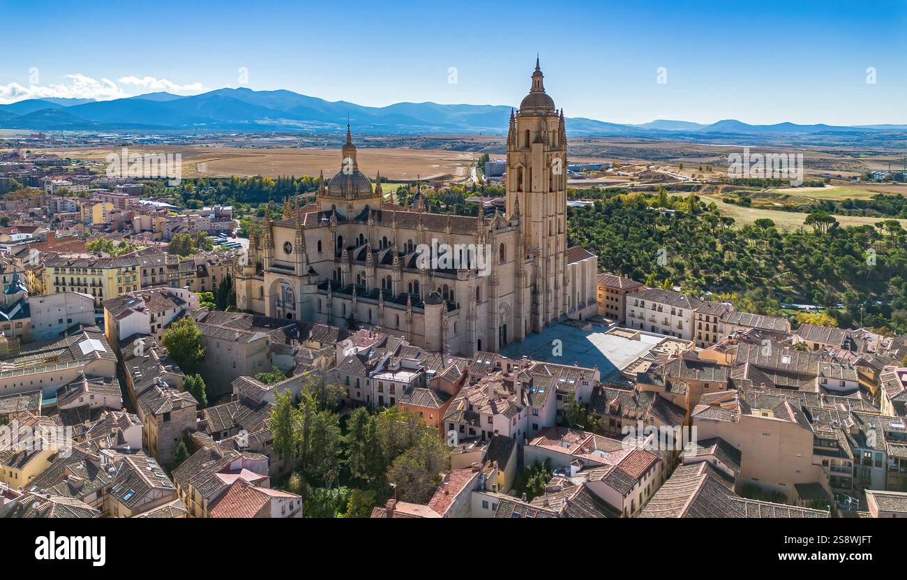 Aerial view of the Cathedral of Segovia dedicated to the Assumption of the Virgin Mary and to ...