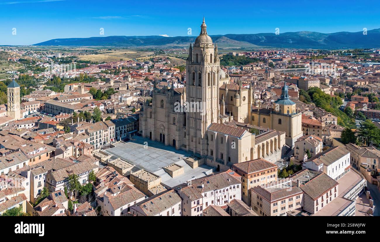 Aerial view of the Cathedral of Segovia dedicated to the Assumption of the Virgin Mary and to ...