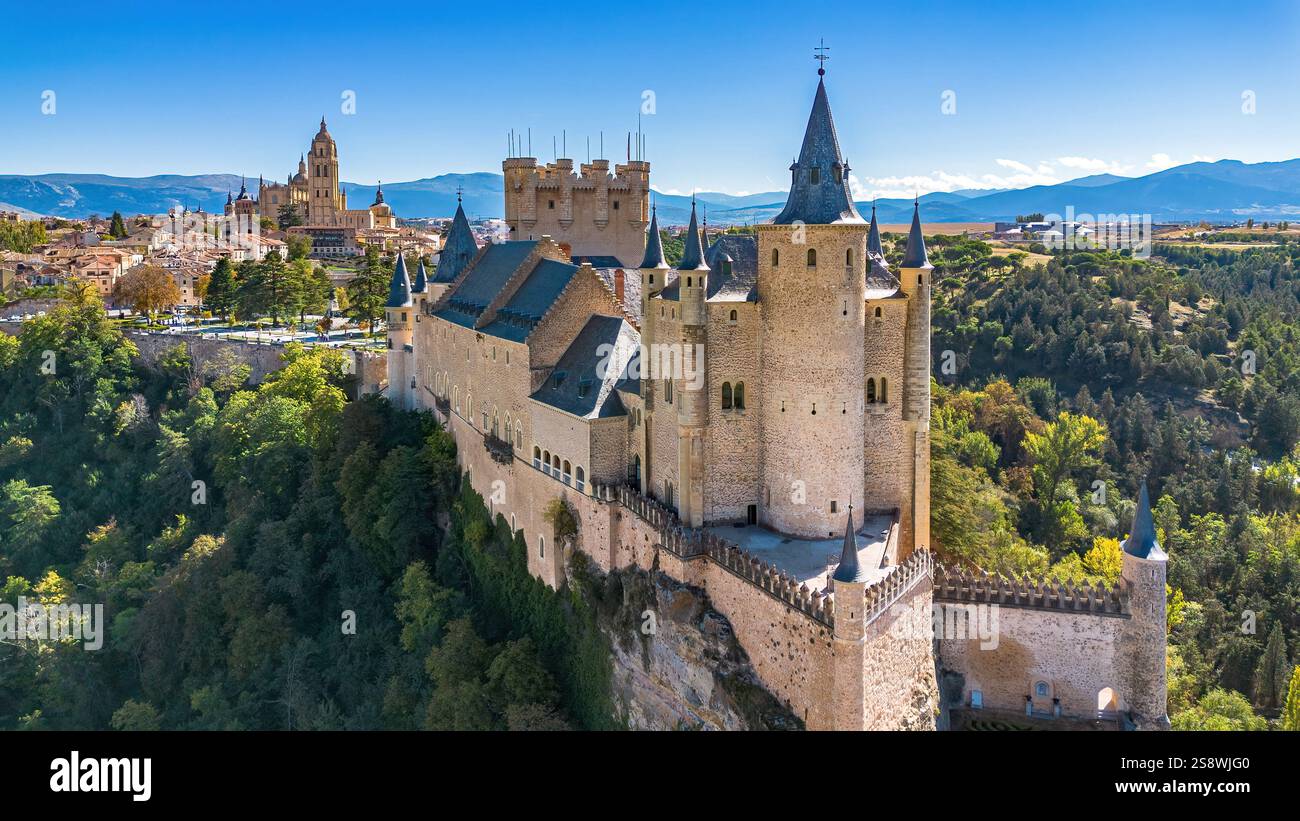 Aerial view of the Alcázar of Segovia, a medieval castle built on a ...