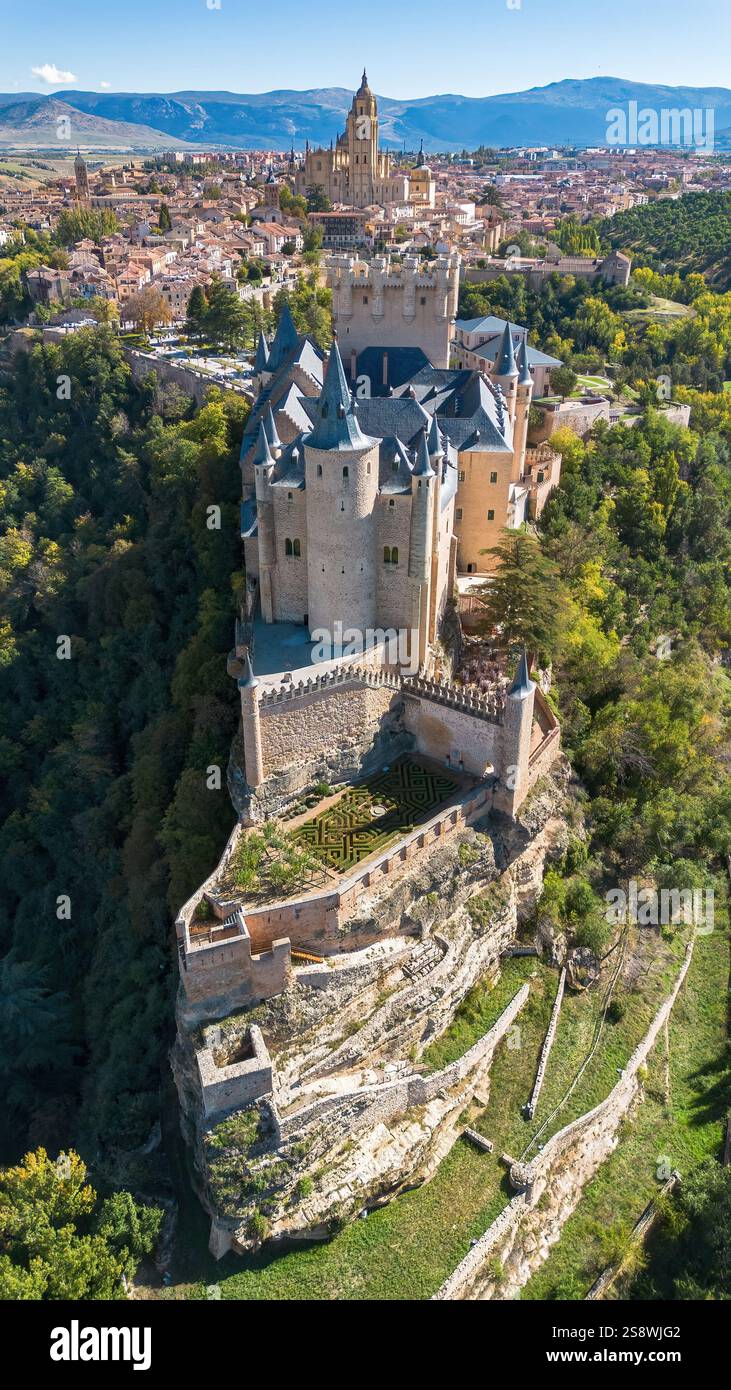 Aerial view of the Alcázar of Segovia, a medieval castle built on a ...