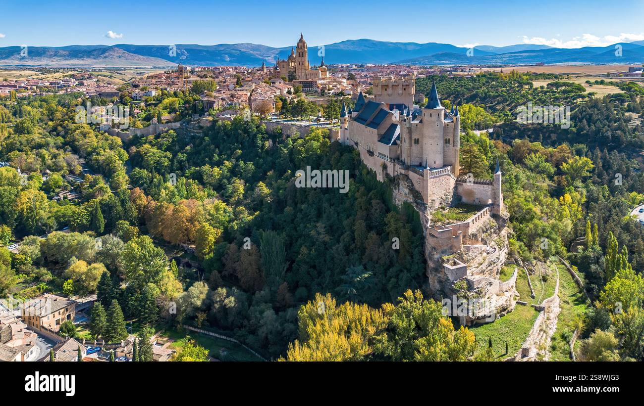 Aerial view of the Alcázar of Segovia, a medieval castle built on a ...