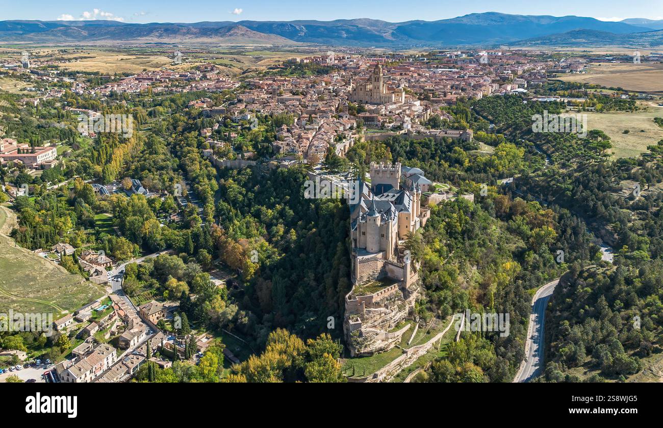 Aerial view of the Alcázar of Segovia, a medieval castle built on a ...