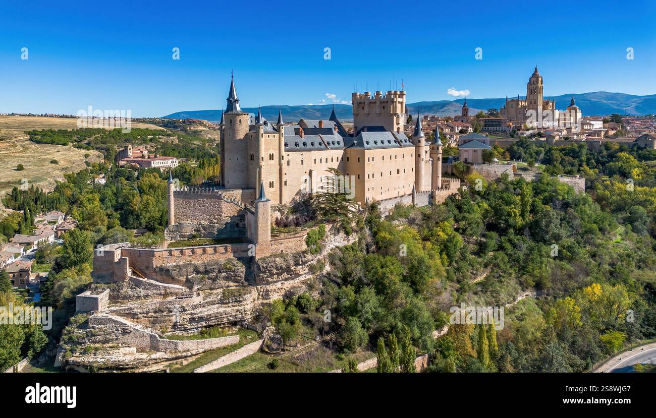 Aerial view of the Alcázar of Segovia, a medieval castle built on a ...