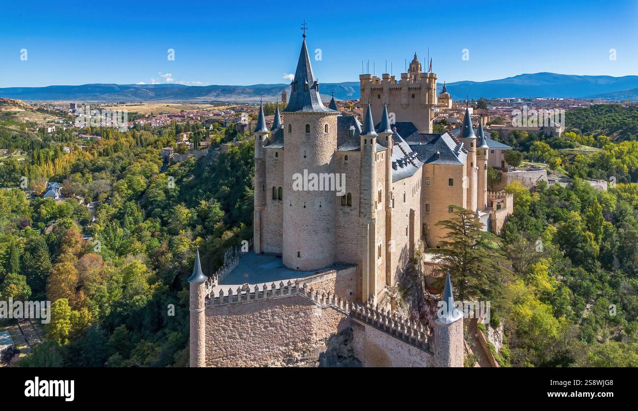 Aerial view of the Alcázar of Segovia, a medieval castle built on a ...