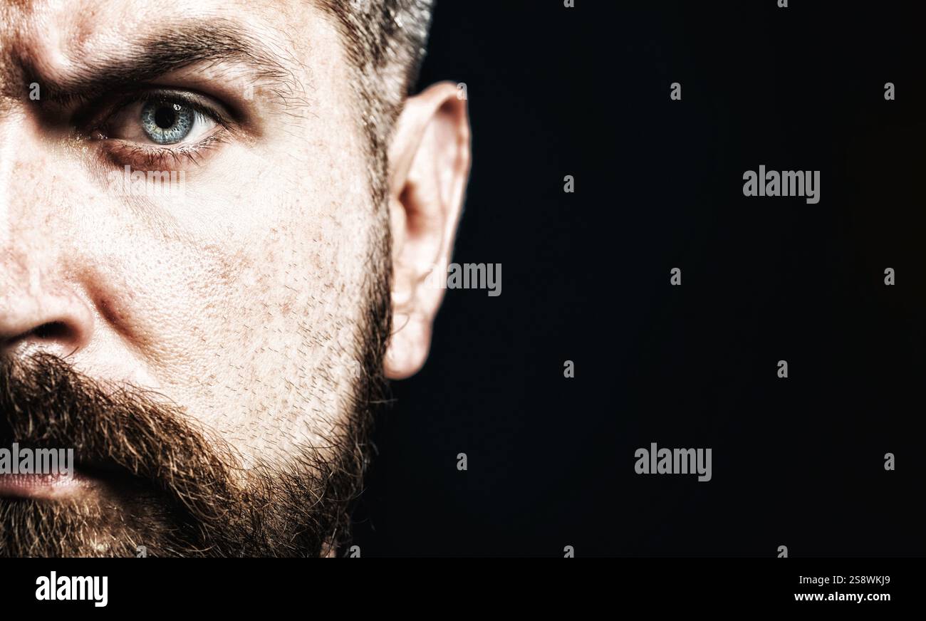 Half face portrait of confident bearded man. Closeup portrait of ...