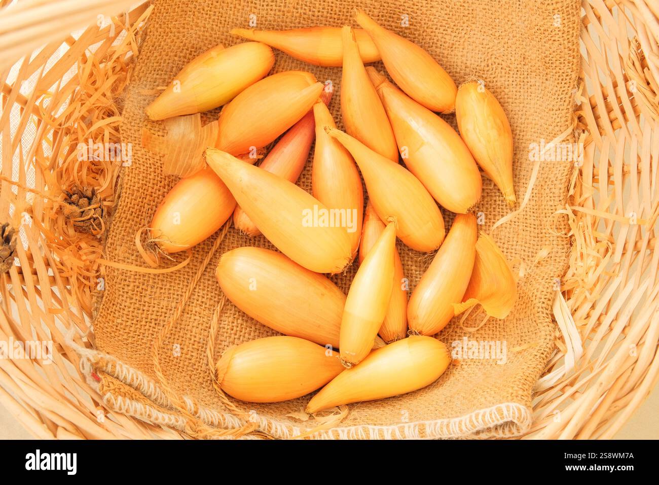 Onion in a straw basket. Orange ripe shallots. Edible root having a ...