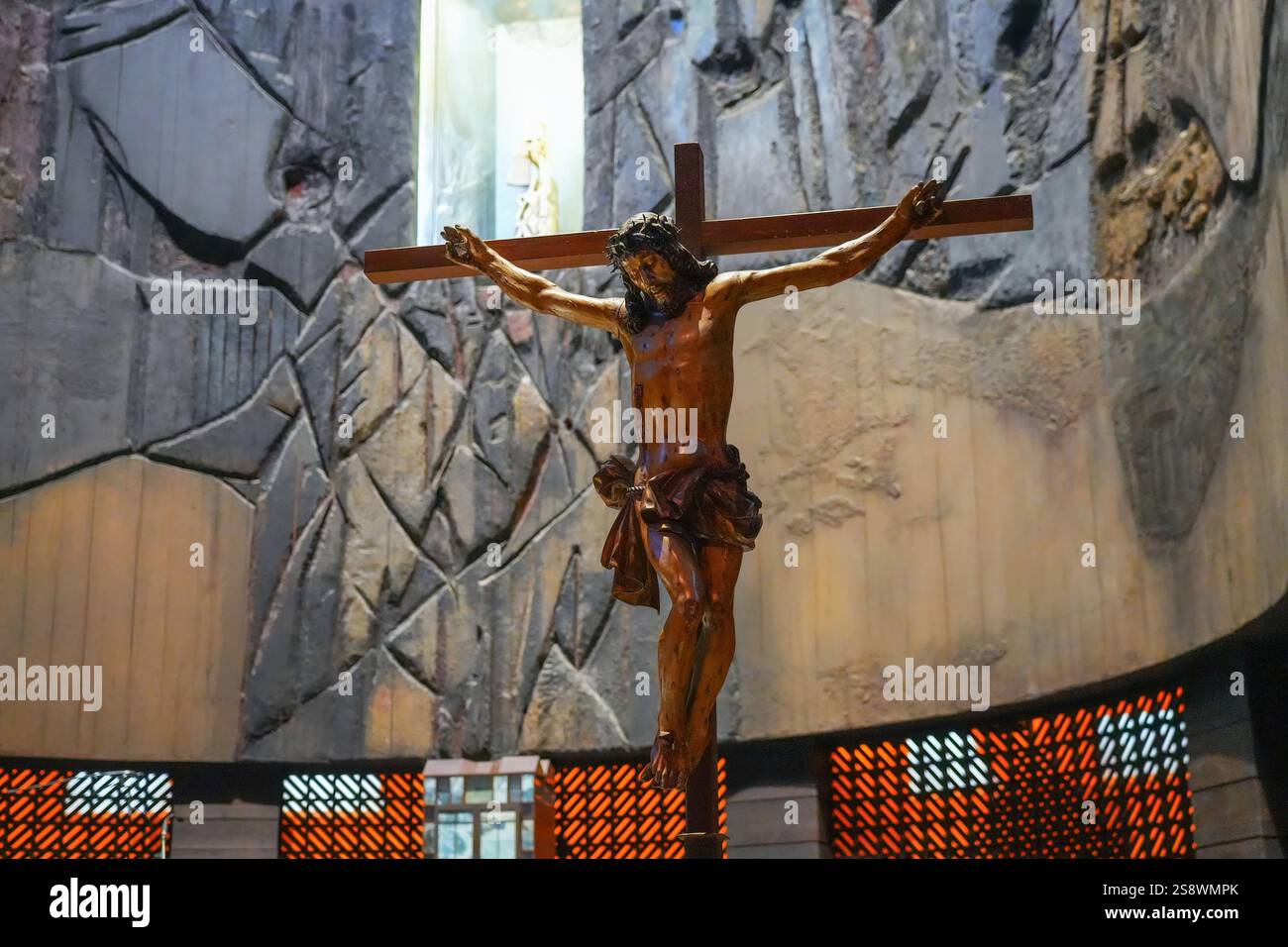 Statue of Jesus Christ in the basilica of the Sanctuary of Arantzazu, a ...