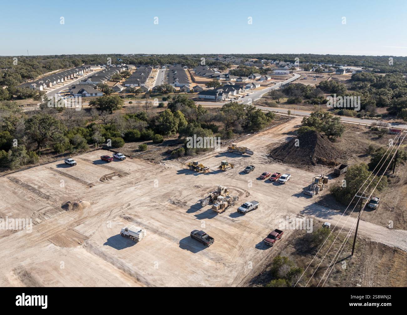 Drone view of construction site being cleared of trees in preparation ...