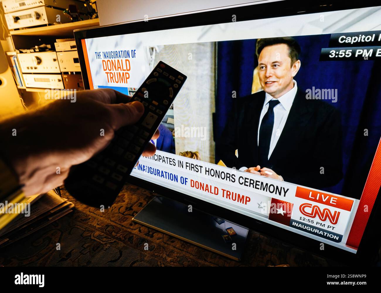 Paris, France - Jan 20, 2025: A TV screen displays CNN coverage of ...