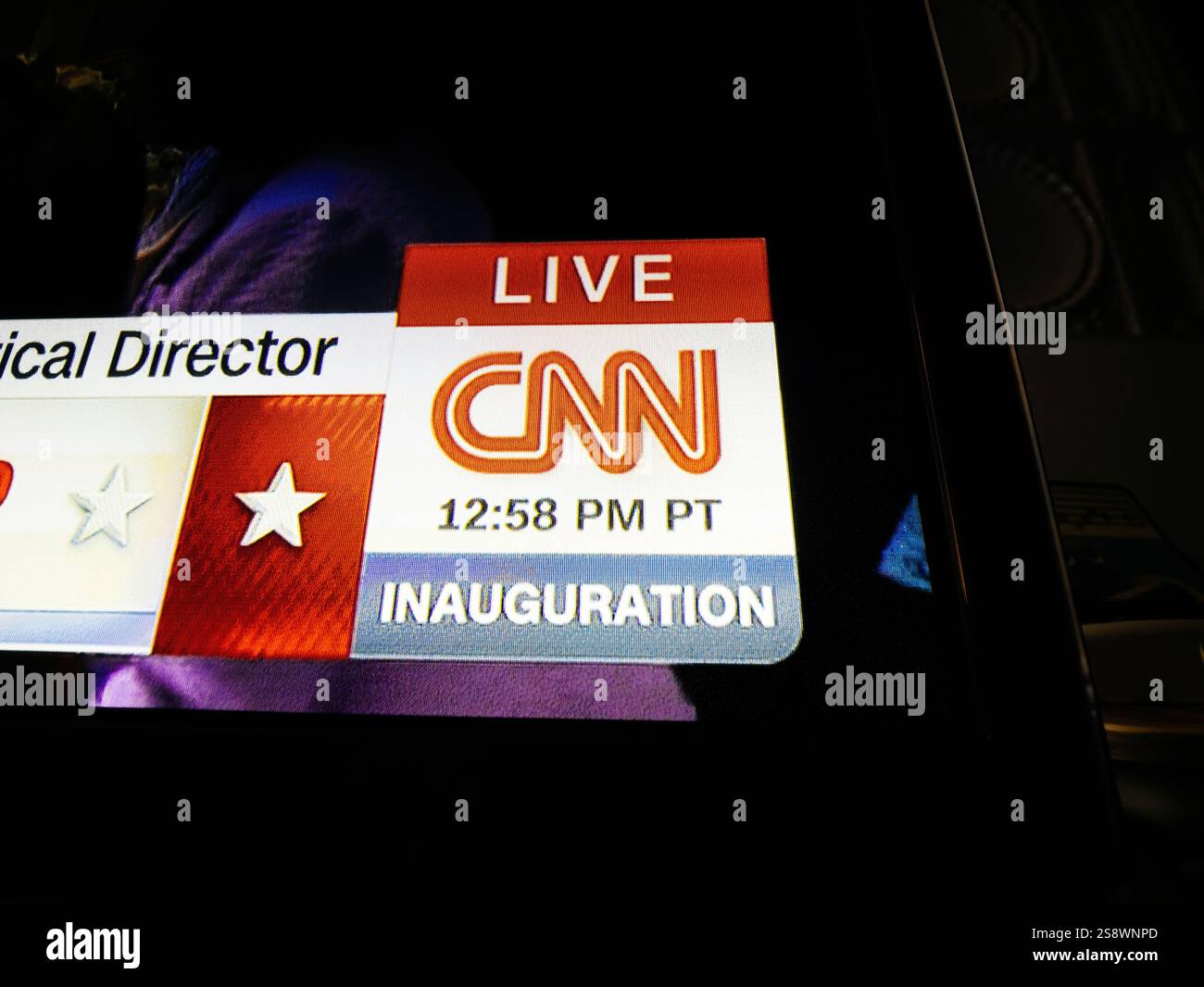 Paris, France - Jan 20, 2025: A close-up of the CNN broadcast overlay ...