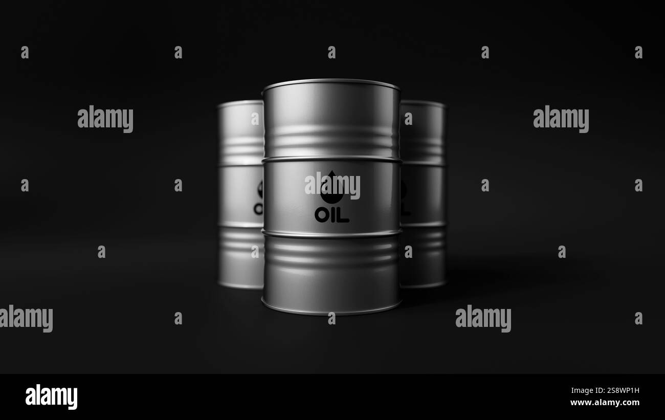 Three silver metal oil barrels on black background. Front view. Oil ...