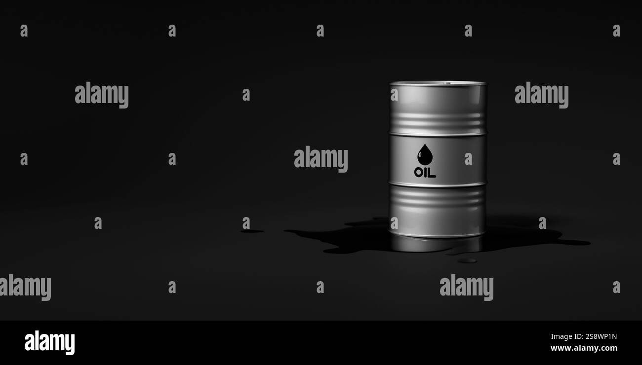 Single silver metal oil barrel stand on spilled puddle of crude oil on ...