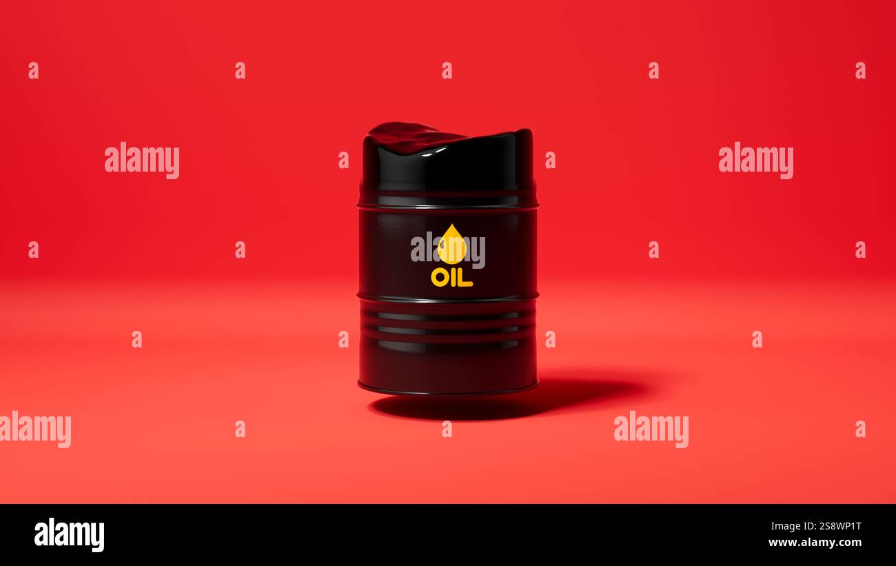 Split view of black metal oil barrel with crude oil inside on red ...