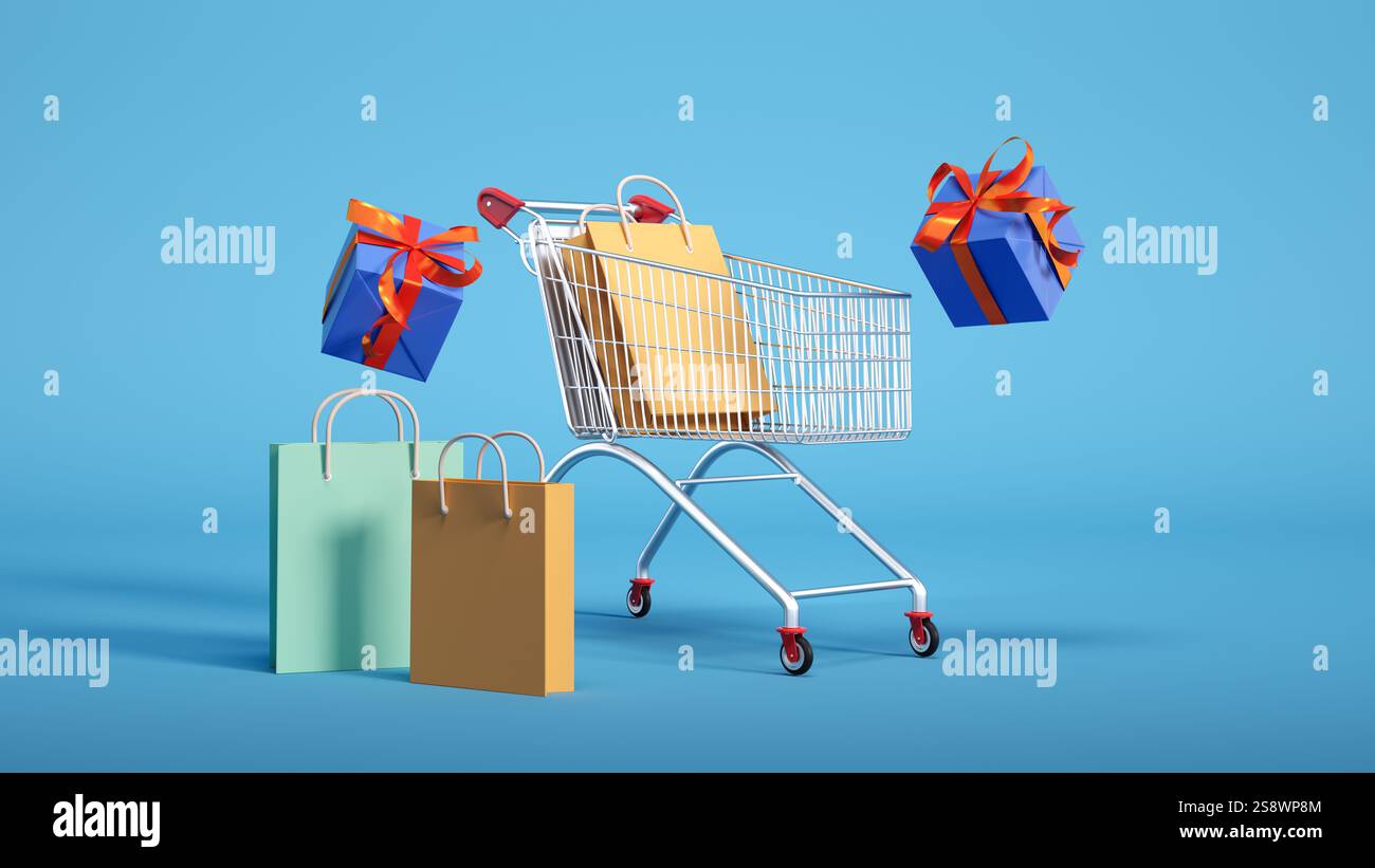 3D render showcasing a shopping cart with gift boxes,an isometric view ...