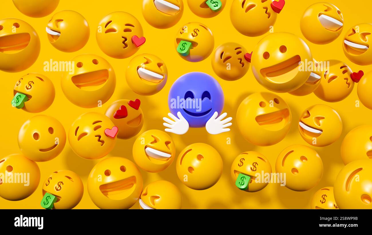 Social media icon set, featuring multiple emoji faces, one blue face ...
