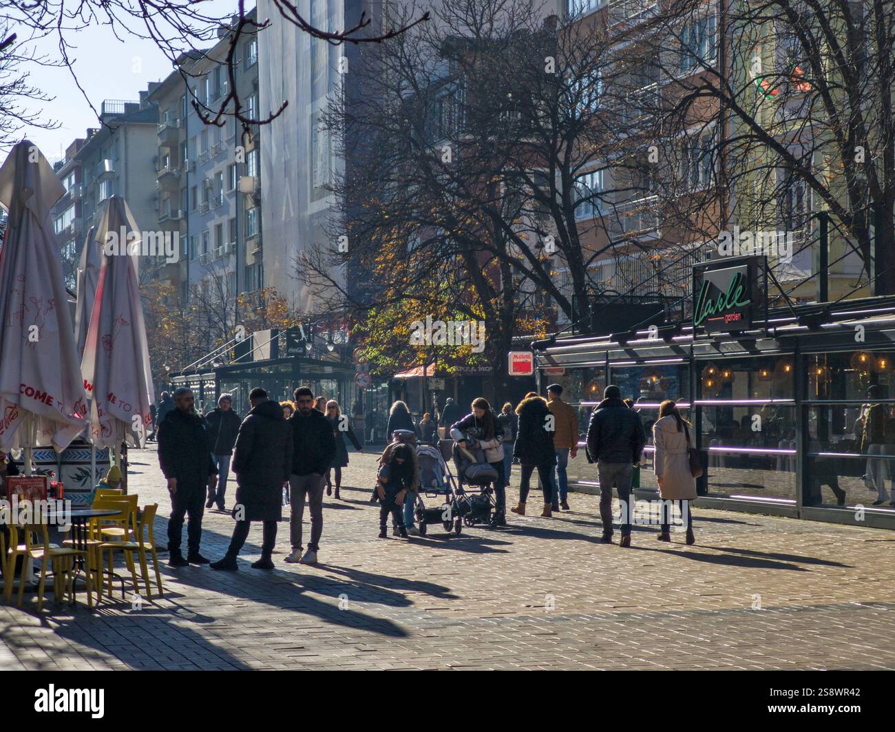 SOFIA, BULGARIA - DECEMBER 19, 2024: Panorama of pedestrian Boulevard Vitosha in city of Sofia ...