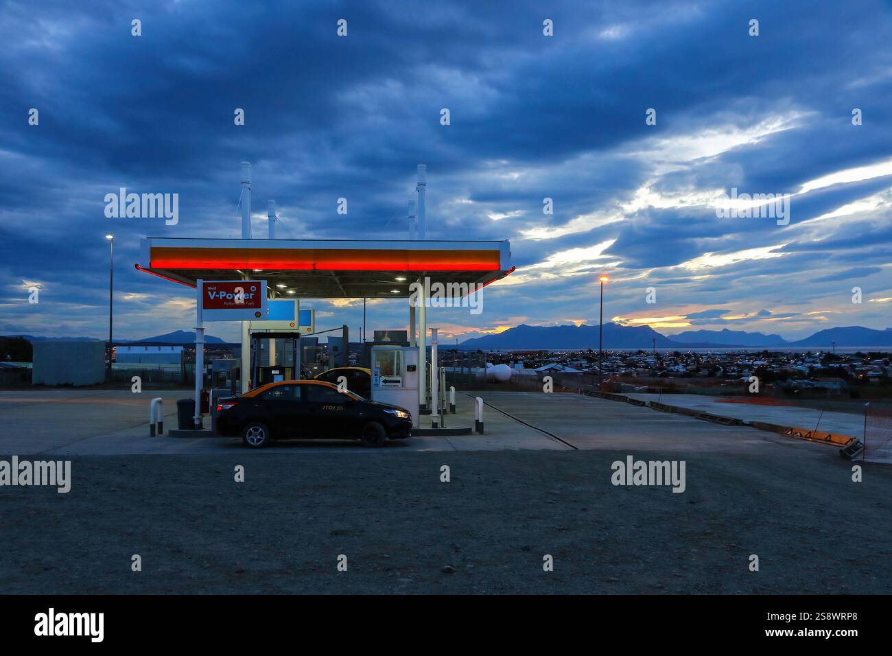 Shell gas station at dusk in Puerto Natales, Patagonia, Chile ...