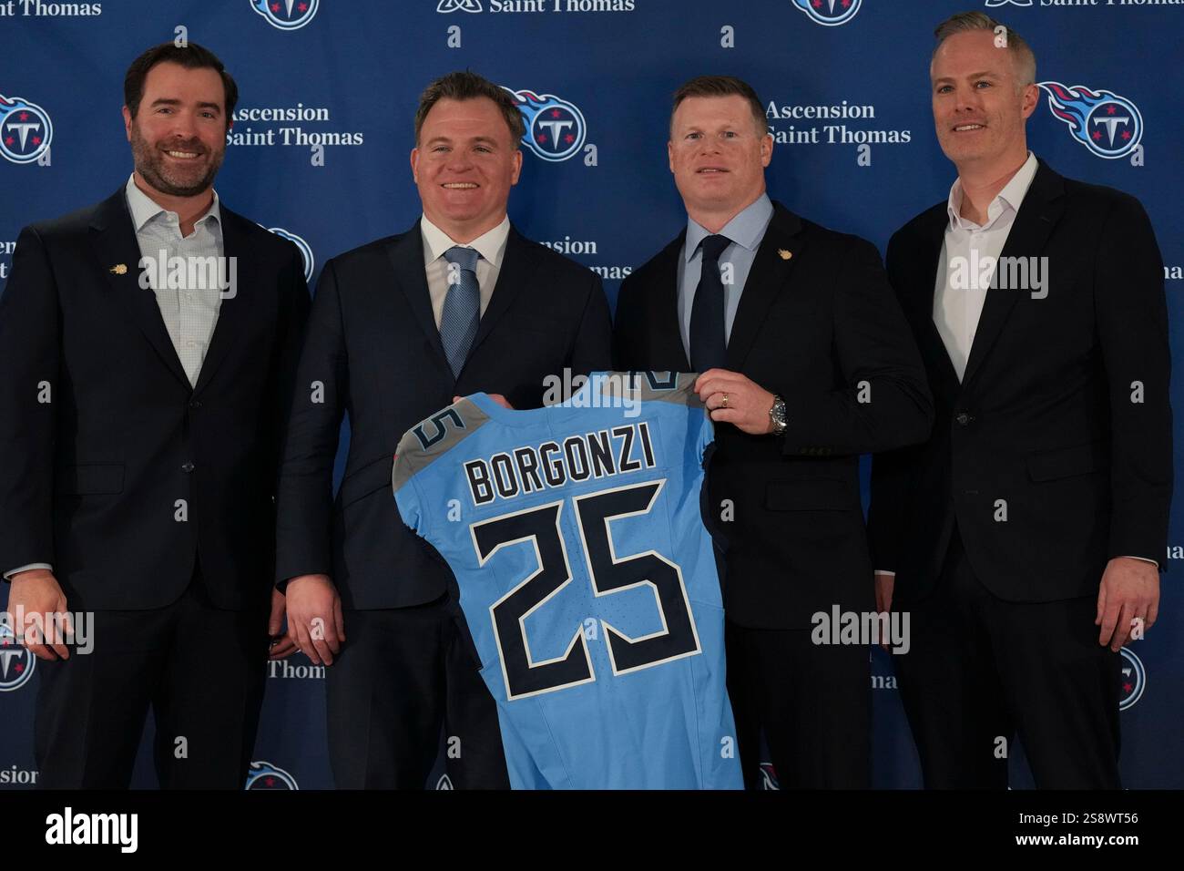 Tennessee Titans head coach Brian Callahan, left, general manager Mike ...