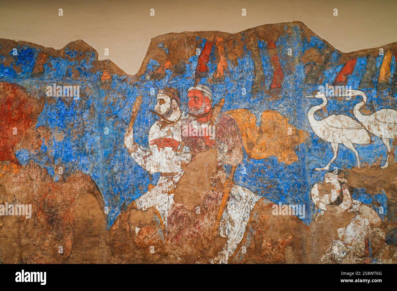 Antique mural painting depicting royal ambassadors journeying on camels and elephants found in ...