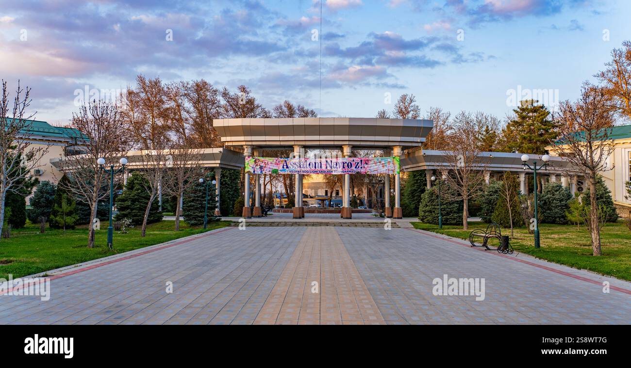 Navroz banner on a gate of the Alisher Navoi Park in Samarkand ...