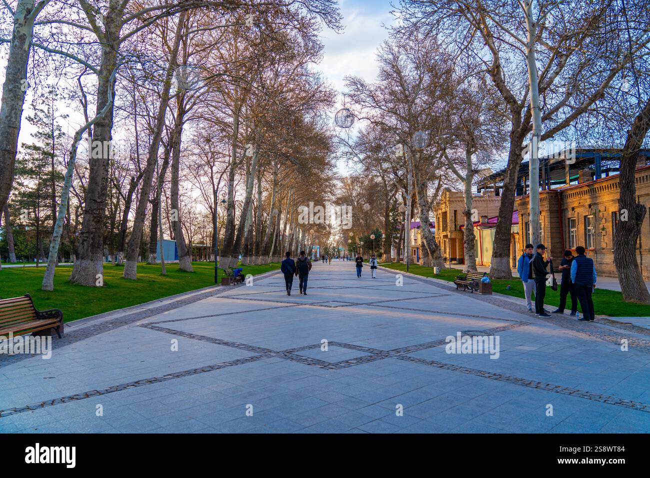 Pedestrian alley in the Alisher Navoi Park in Samarkand, Uzbekistan ...