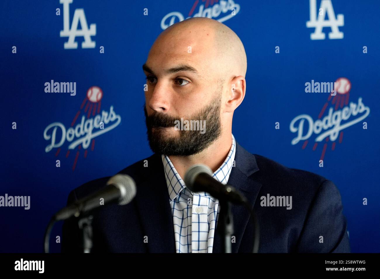 New Los Angeles Dodger pitcher Tanner Scott answers questions during an ...