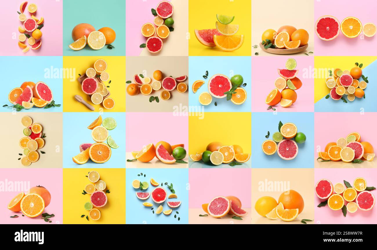 Collage of different citrus fruits on color background Stock Photo - Alamy