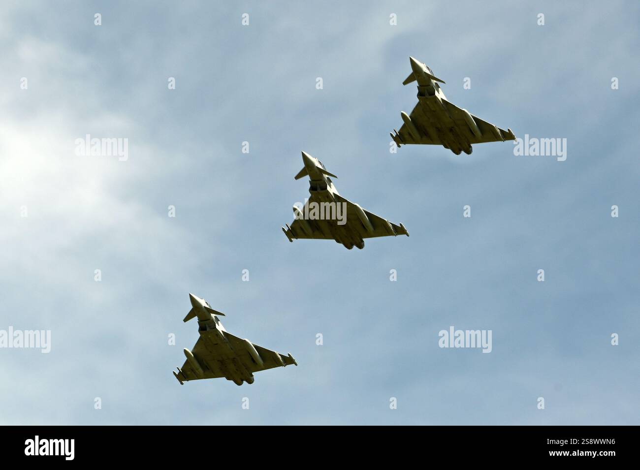 Low flying Eurofighter Typhoon supersonic military jet fighter aircraft ...