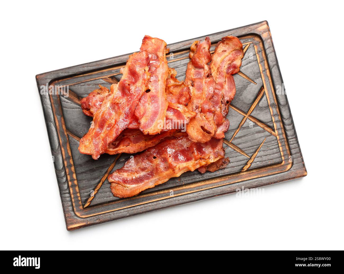 Wooden board with fried bacon rashers on white background Stock Photo ...