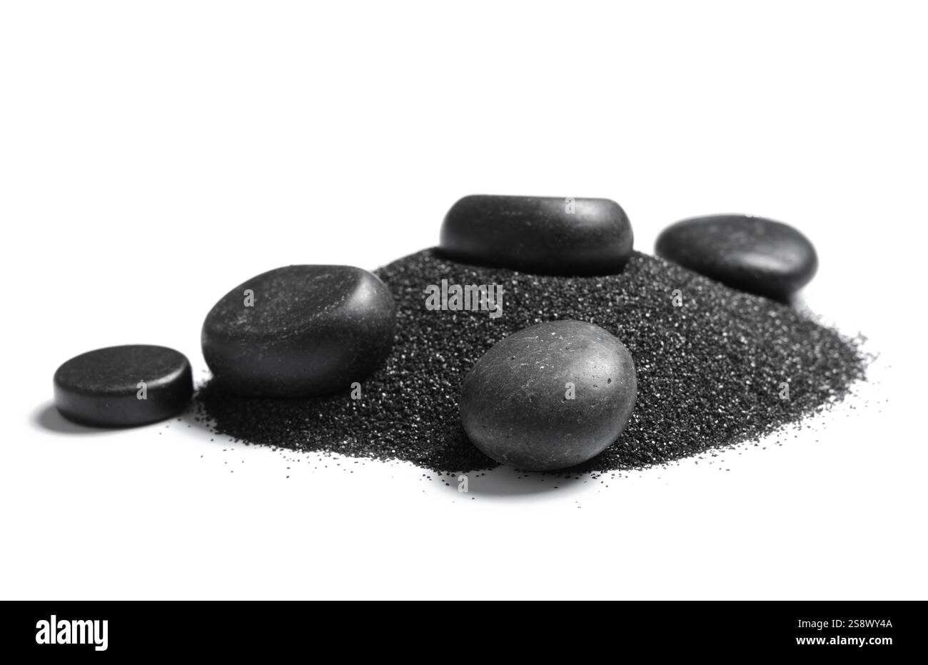 Heap of black beach sand with pebbles on white background Stock Photo ...