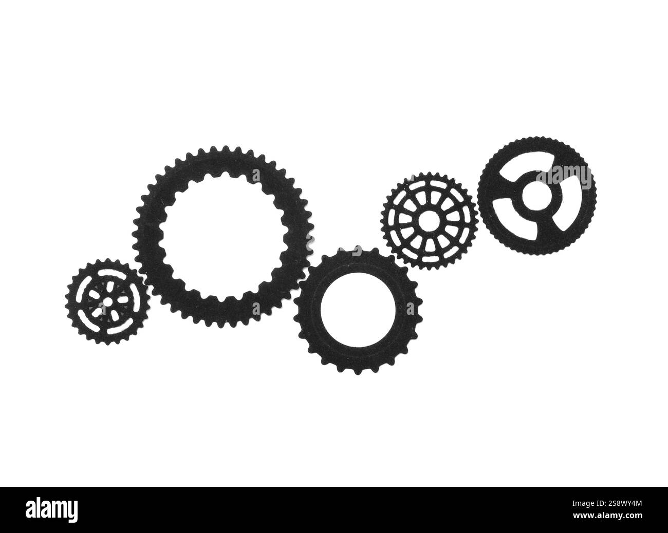 Black paper gears on white background Stock Photo - Alamy
