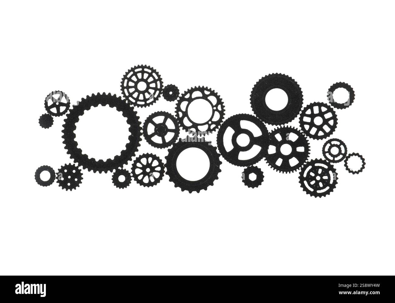 Black paper gears on white background Stock Photo - Alamy