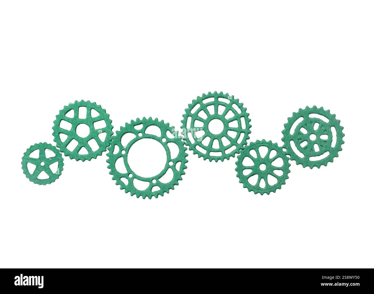 Green paper gears on white background Stock Photo - Alamy