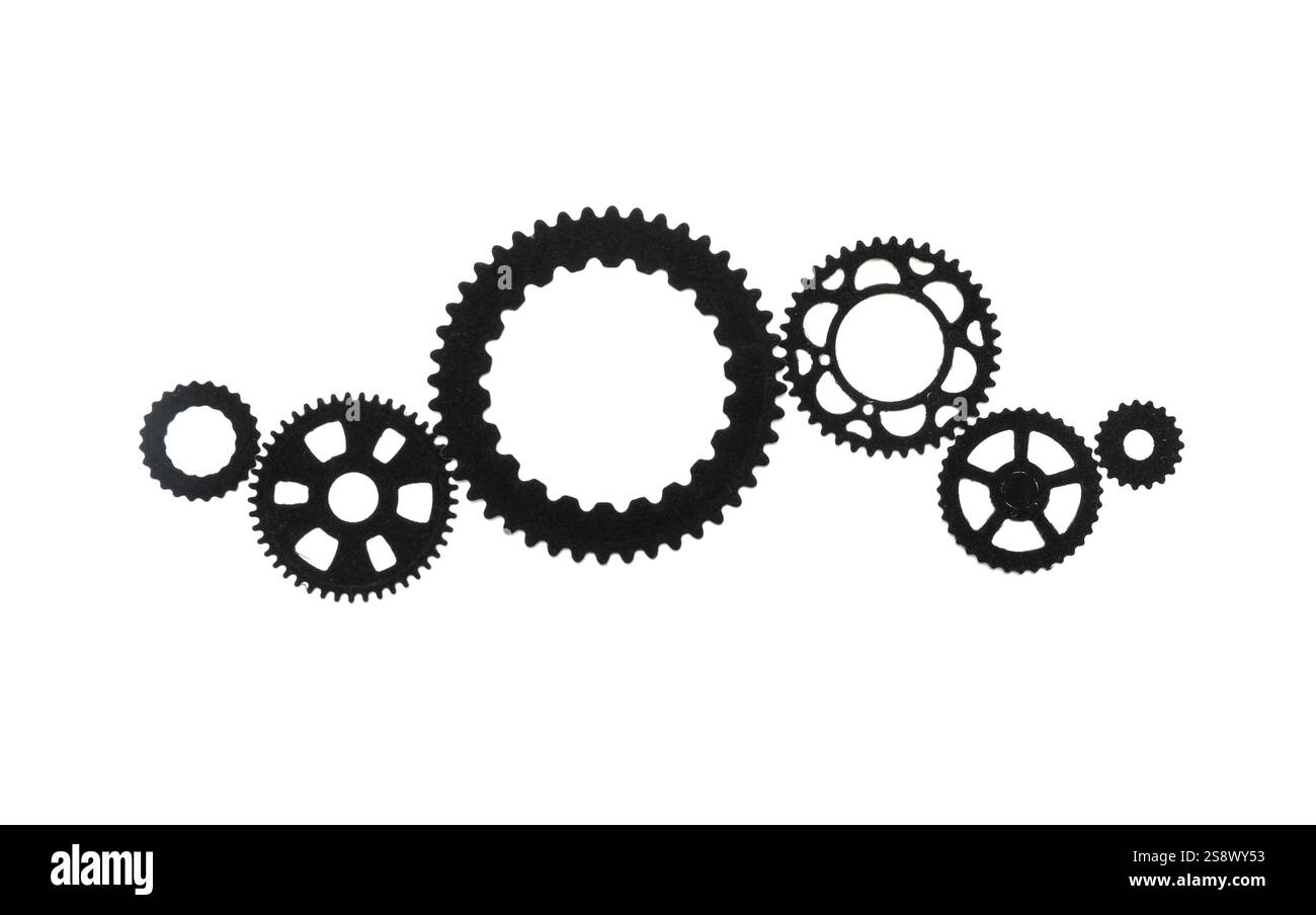 Black paper gears on white background Stock Photo - Alamy