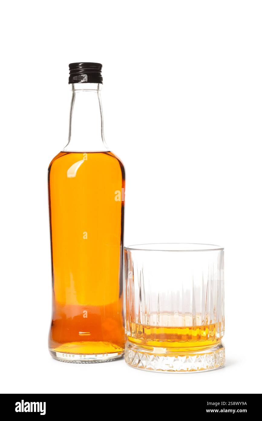 Bottle and glass of rum on white background Stock Photo - Alamy
