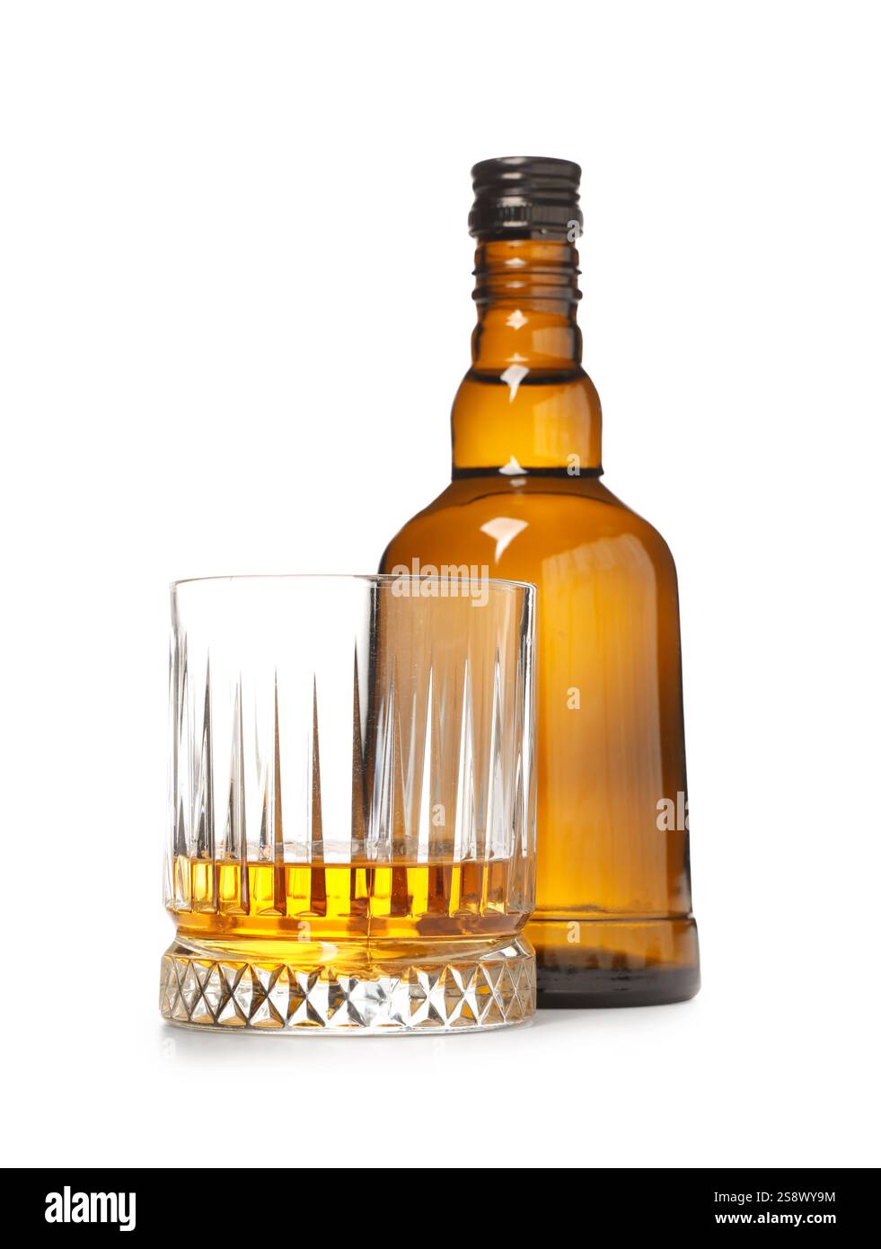 Bottle and glass of rum on white background Stock Photo - Alamy